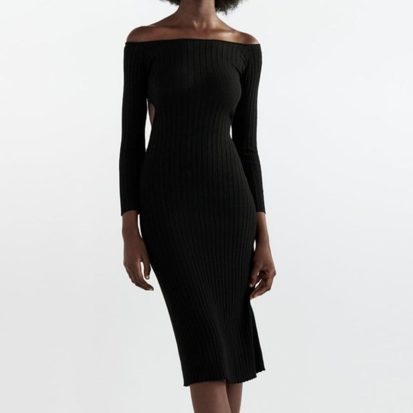 Zara | Dresses | Zara Womens Medium Cut Out Rib Black Off Shoulder ...